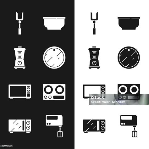 도마 믹서기 바베큐 포크 그릇 전자 레인지 가스 렌지 전기 믹서 및 아이콘을 설정합니다 벡터 가열장치에 대한 스톡 벡터 아트 및