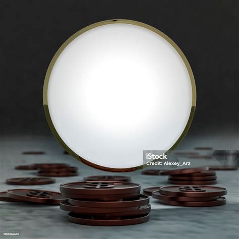 텍스트 나 로고를위한 충분한 공간이있는 금박 원은 어두운 배경에 대해 쌓여있는 양식에 일치시키는 동전 위에 설정됩니다 레이아웃 3d 렌더링 금융 개념 디자인용 공백 0명에