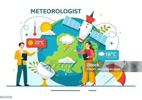 기상학자 벡터 일러스트레이션은 일기 예보와 대기 강수량 지도가 있는 평면 만화 손으로 그린 랜딩 페이지 템플릿에 있습니다 감시에 대한 스톡 벡터 아트 및 기타 이미지
