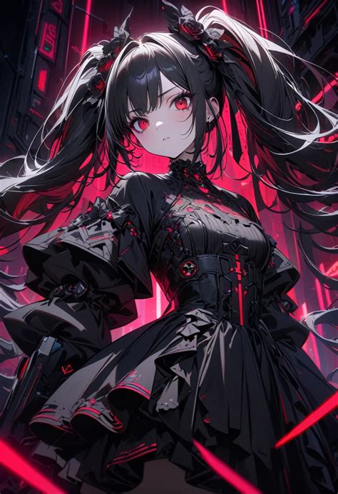 A Beautiful Girl With Long Red Twin Tails Red Eyes Wearing A Gorgeous