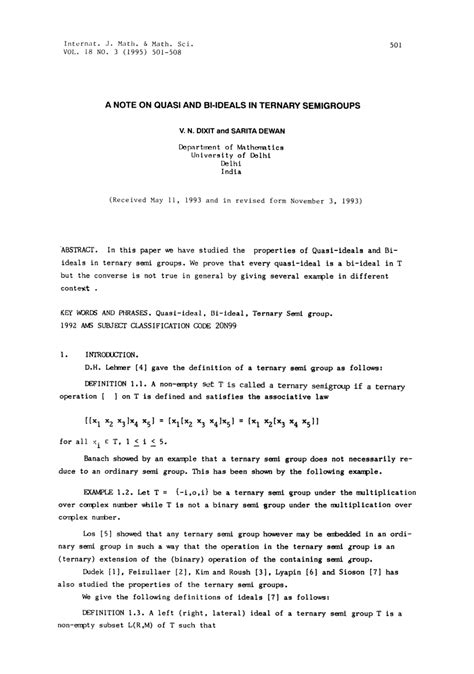 Pdf A Note On Quasi And Bi Ideals In Ternary Semigroups