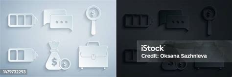 돈 가방과 동전 돋보기 달러 기호 배터리 충전 수준 표시기 서류 가방 말풍선 채팅 및 아이콘을 설정합니다 벡터 3차원 형태에 대한 스톡 벡터 아트 및 기타 이미지 Istock