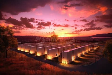 Grid Scale Battery Storage Facility At Sunset Stock Illustration