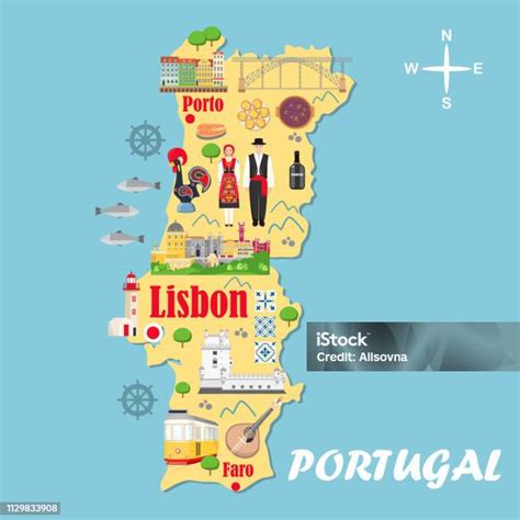 포르투갈의 지도 양식된입니다 여행 포르투갈 랜드마크와 그림 포르투갈에 대한 스톡 벡터 아트 및 기타 이미지 포르투갈 지도