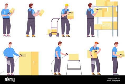 Workers Scanning Barcode Warehouse And Store Worker With Scanner Check Label Code On Shipping