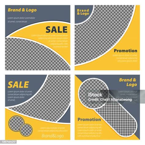 디지털 마케팅 회색 및 노란색 배경 색상 벡터 일러스트레이션을 위한 최소 프로모션 스퀘어 웹 배너 템플릿 세트 0명에 대한 스톡