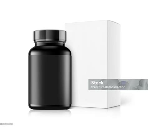 상자 모형 세트가 있는 사실적인 검은색 병 흰색 배경에 분리된 벡터 그림입니다 검은색에 대한 스톡 벡터 아트 및 기타 이미지