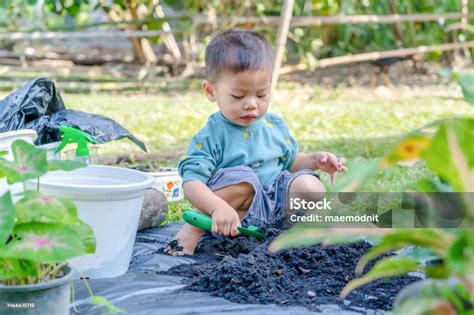 어린 아이는 심기 위해 식물을 준비하기 위해 화분에 흙을 삽질합니다 어머니의 작은 도우미에게 심기 위해 흙을 파는 유아 원예 가정 원예에서 취미 여가 활동 개념 2 3 살에
