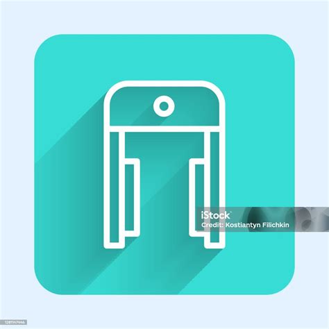 긴 그림자로 격리 된 공항 아이콘의 흰색 라인 금속 탐지기 금속 탐지기 검사지점에 공항 보안 검색대 녹색 정사각형 버튼입니다 벡터 0명에 대한 스톡 벡터 아트 및 기타