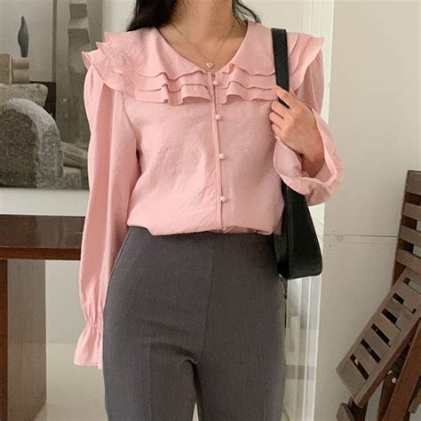 옷자락 여자 봄 파스텔 컬러 프릴 카라 진주 버튼 블라우스