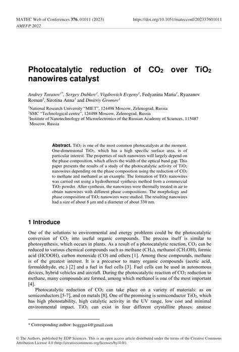 Pdf Photocatalytic Reduction Of Co2 Over Tio2 Nanowires Catalyst