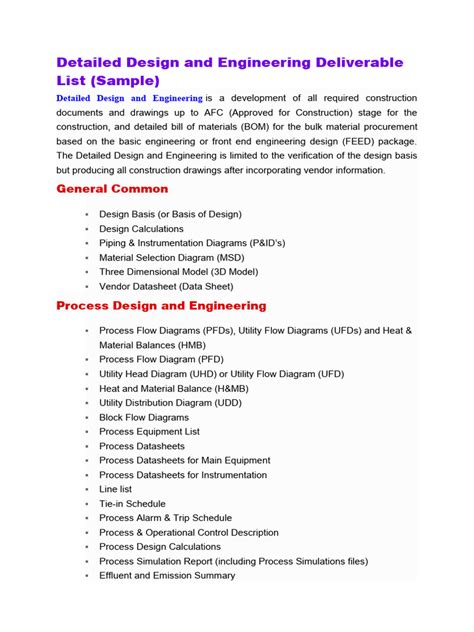 Detailed Design And Engineering Deliverable List Pdf Instrumentation Structural Steel