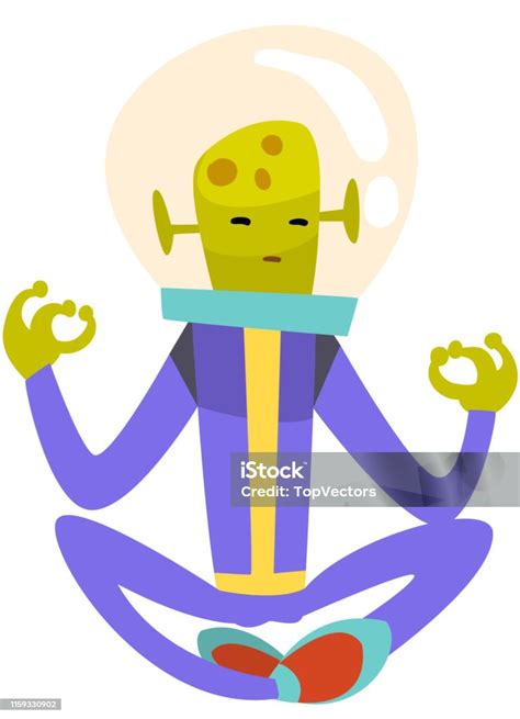 로터스 위치에 재미 녹색 외계인 명상 블루 우주 정장과 헬멧 벡터 일러스트에서 재미 휴머노이드 만화 캐릭터 명상하기에 대한 스톡 벡터 아트 및 기타 이미지 Istock
