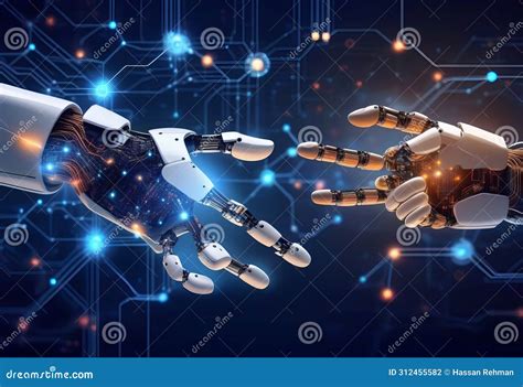 ai machine learning hands of robot and human touching on big data network connection stock