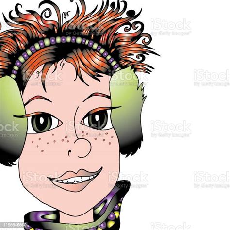 헤드폰에 곱슬 머리를 가진 여자의 얼굴입니다 손으로 그린 스케치 개념에 대한 스톡 벡터 아트 및 기타 이미지 개념 개념과