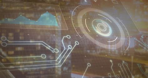 Animation Of Circuit Patterns And Data Visualization On Digital Interface Background Stock