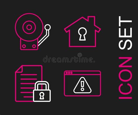 Set Line Browser With Exclamation Mark Document And Lock House Under Protection And Ringing