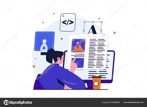 Web Designer Modern Flat Concept For Web Banner Design Woman Creates And Optimizes Code And