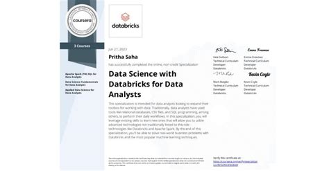 Pritha Saha On Linkedin Completion Certificate For Data Science With Databricks For Data Analysts