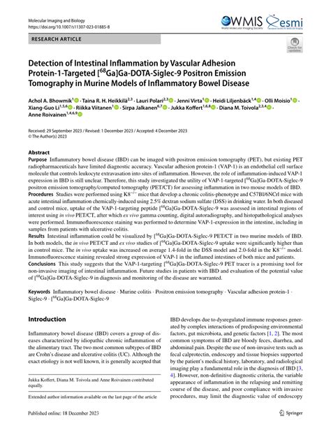 Pdf Detection Of Intestinal Inflammation By Vascular Adhesion Protein 1 Targeted [68ga]ga Dota
