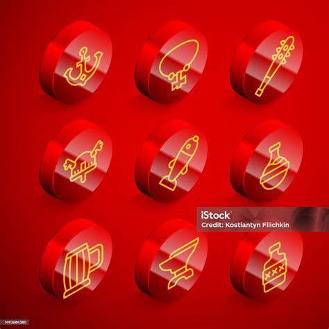 세트 라인 앵커 보석이 달린 목걸이 철퇴 스파이크 뿔 달린 헬멧을 쓴 바이킹 물고기 병 물약 나무 맥주 머그잔 및 대장간 아이콘을위한 모루 벡터 3차원 형태에 대한 스톡