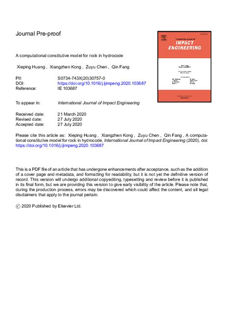 Pdf A Computational Constitutive Model For Rock In Hydrocode
