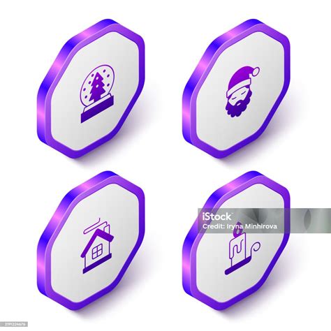 아이소 메트릭 크리스마스 스노우 글로브 산타 클로스 모자와 수염 메리 하우스 및 불타는 촛불 아이콘을 설정합니다 보라색 육각형 버튼 벡터 3차원 형태에 대한 스톡 벡터 아트