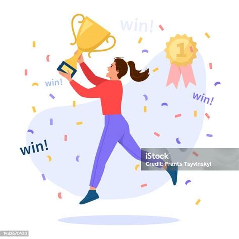 승리의 벡터 그림입니다 승리를 기뻐하고 하얀 배경에 컵을 들어 올리는 소녀와 함께 만화 장면 행복한 순간 행복을 위해 점프하십시오 Championship에 대한 스톡 벡터