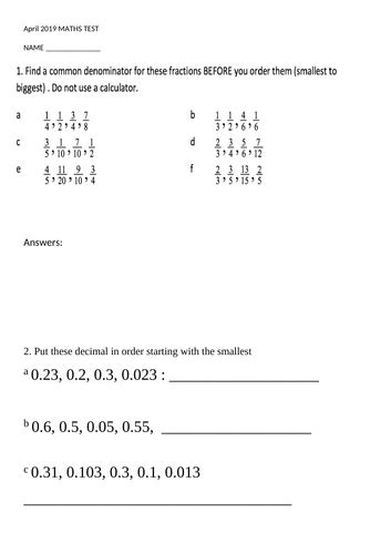Year 4 Fractions Decimals And Perimeter Term Test Teaching Resources