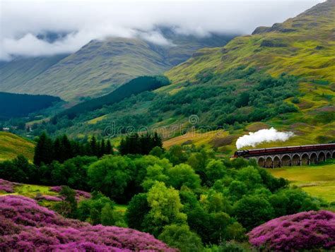 Steam Train Crossing A Stone Bridge In The Scottish Highlands With