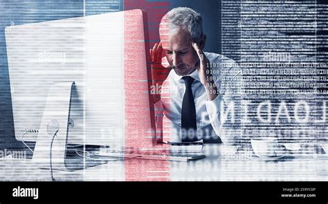 Business Man Stress And Overlay With Code Glitch And Headache By Computer With System Crash At