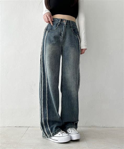 인더화이트 핏보장유니크 스티치 라인 데님 와이드 롱 팬츠 하이웨스트 빈티지 Y2k