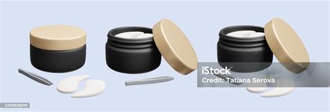 3d 눈 패치 벡터 일러스트 레이 션 세트 황금색 뚜껑이 있는 검은색 화장품 병 수분 공급 안티 에이징 콜라겐 젤 아이 패치