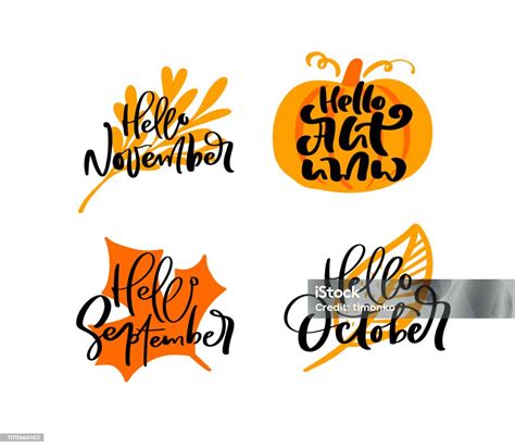 단풍 오렌지 색 배경 벡터 서예 가을 문구의 번들 세트 인사말 카드 격리에 대한 손으로 그린 글자 그림 휴일 추수 감사절에 적합 10월에 대한 스톡 벡터 아트 및 기타