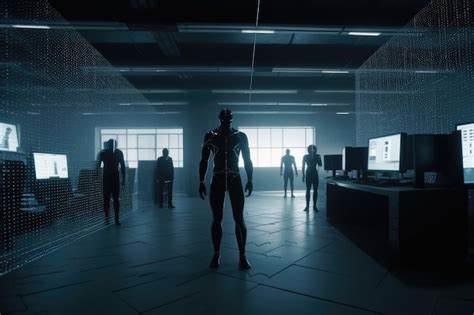 Premium AI Image Notion Of Crime And Internet In A Creative Matrix Room With Hackers In Incubators