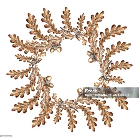 도토리와 잎이 있는 참나무 가지로 만든 둥근 프레임 화환 손으로 그린 수채화 그림입니다 복사 공간이 있는 가을 단풍의 템플릿입니다 초대장 카드 직물 타일에 대한 고립 된