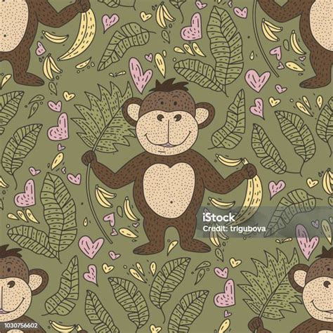 Seamlesss 아이 대 한 컬러 패턴을 낙서 벡터 일러스트입니다 낙서 손으로 장난 카드 그린 바나나와 야 자 잎 원숭이 귀여운에 대한 스톡 벡터 아트 및 기타 이미지