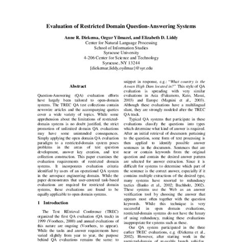 Evaluation Of Restricted Domain Question Answering Systems Acl Anthology