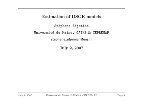 [ppt] Estimation Of Dsge Models St Ephane Adjemian E Du Maine Gains Powerpoint Presentation