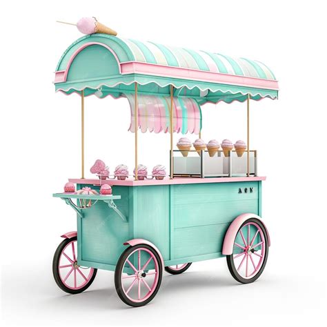 Classic Turquoise Ice Cream Cart With Pink And White Striped Awning