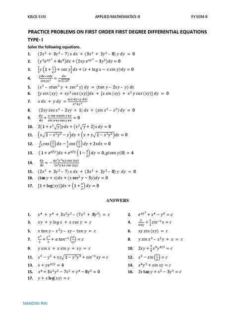 Practice Problems On First Order First Degree Differential Equations