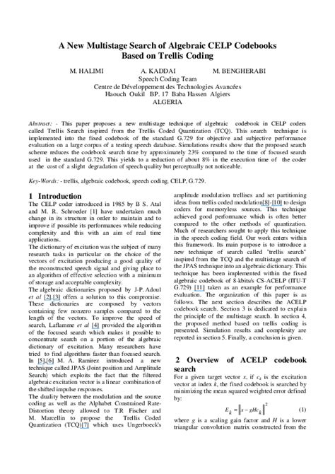 Pdf A New Multistage Search Of Algebraic Celp Codebooks Based On Trellis Coding