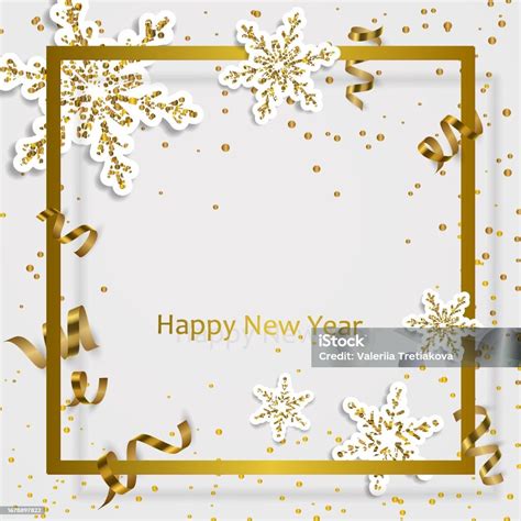 황금 리본 구불구불한 먼지 종이 눈송이 글자가 있는 금색 프레임은 새해 복 많이 받으세요 전단지 포스터 쇼핑 판매 마케팅 배너 웹을 디자인합니다 벡터 그림입니다 흰색