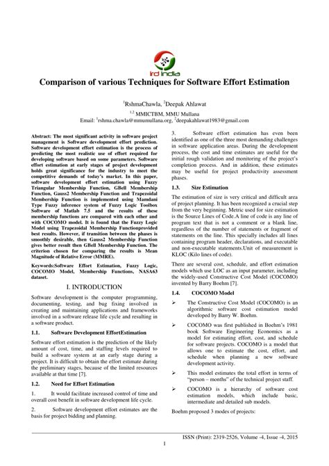 Pdf Comparison Of Various Techniques For Software Effort Estimation
