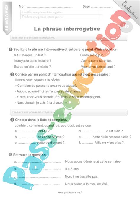Evaluation Types de phrases CE2 Bilan et controle corrigé pdf à