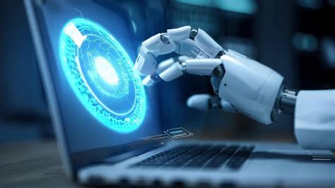 A Futuristic Robotic Arm Interacts With A Holographic Interface Displayed On A Laptop