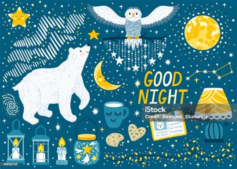 벡터 설정 잘 자 북극 곰 올빼미 달 별 초 롱과 귀여운 밤 요소와 문자 아름 다운 유치 한 배경 좋은 꿈꾸세요 스크랩북 스티커의 컬렉션입니다 북극곰에 대한 스톡 벡터 아트