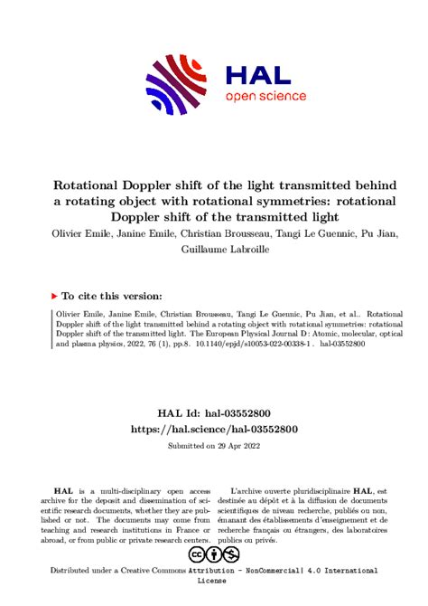 Pdf Rotational Doppler Shift Of The Light Transmitted Behind A Rotating Object With Rotational