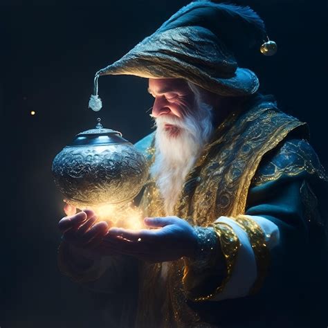 Premium Ai Image A Sage Man With A White Beard And A Hat Is Handling An Illuminated Magical