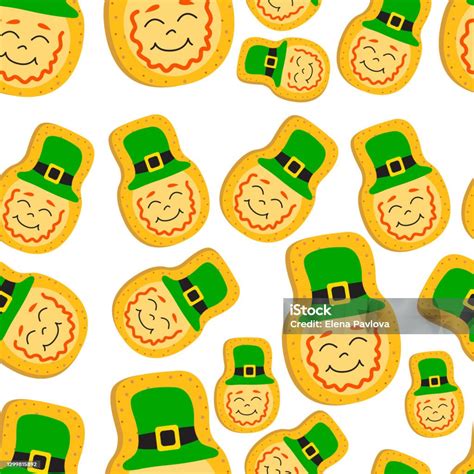 세인트 패트릭의 날 쿠키 원활한 패턴 생강 쿠키 레프레바운 샴록 세인트 패트릭스 데이 슈가 쿠키 성 패트릭의 날의 상징 흰색 배경의 벡터 그림 3월에 대한 스톡 벡터 아트